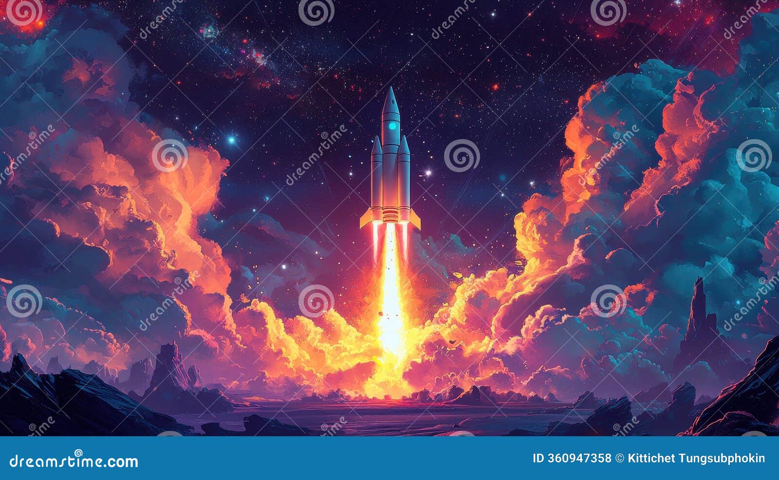Space Rocket Ascending through a Vibrant Colorful Sky with Clouds and ...