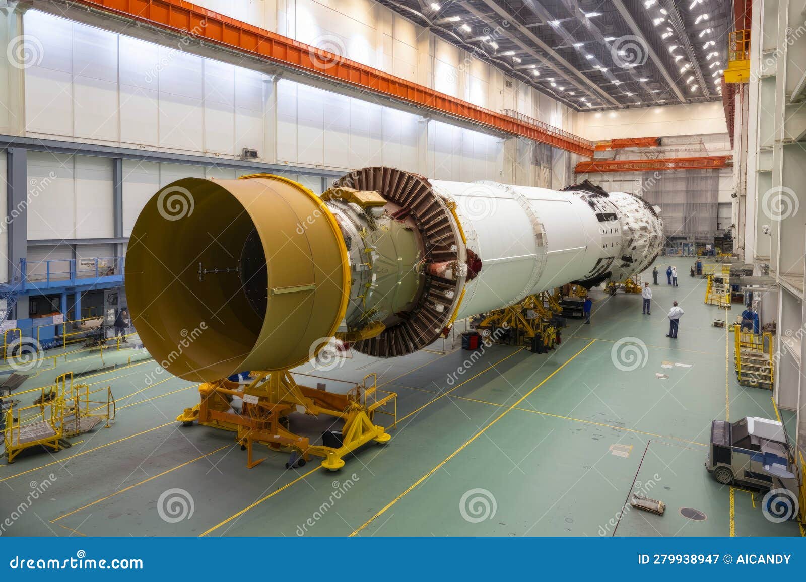 Space Rocket Assembly Plant with Engineers Working on Large Spacecraft ...