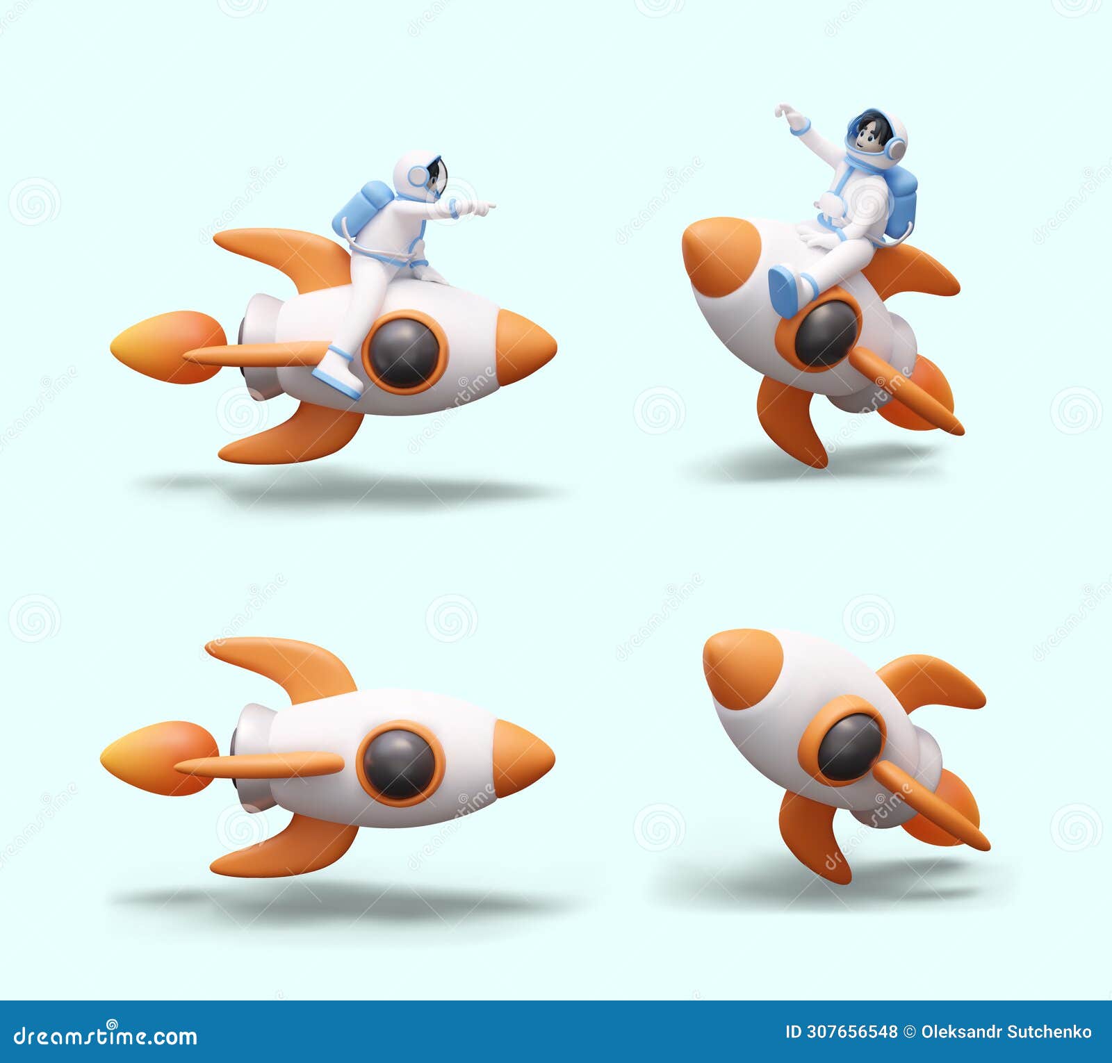 Space Rocket, Astronaut Sits on Rocket. Set of Objects at Different ...