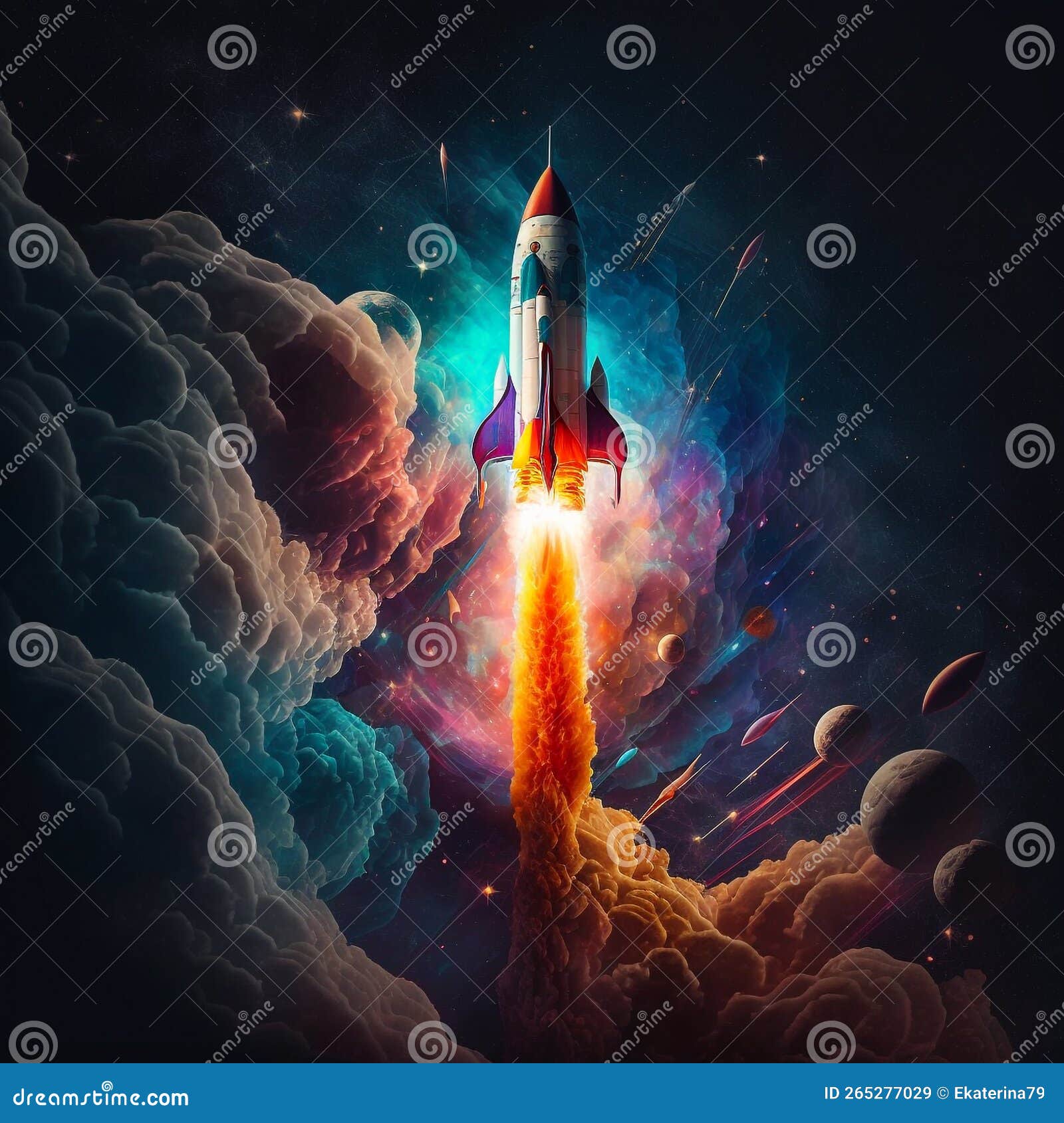 A Space Rocket Blasting Off Into Space. There Are Galaxies And Planets ...