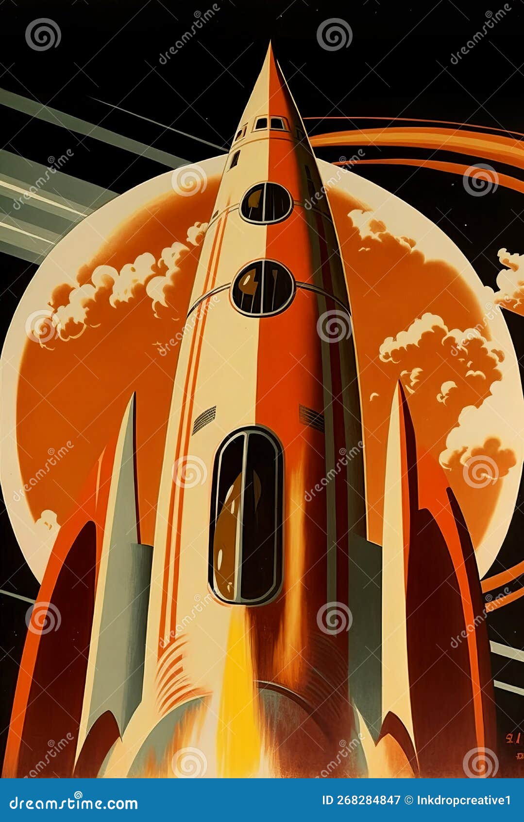 Space Rocket Blasting into Outer Space. Vintage Science Fiction Poster ...