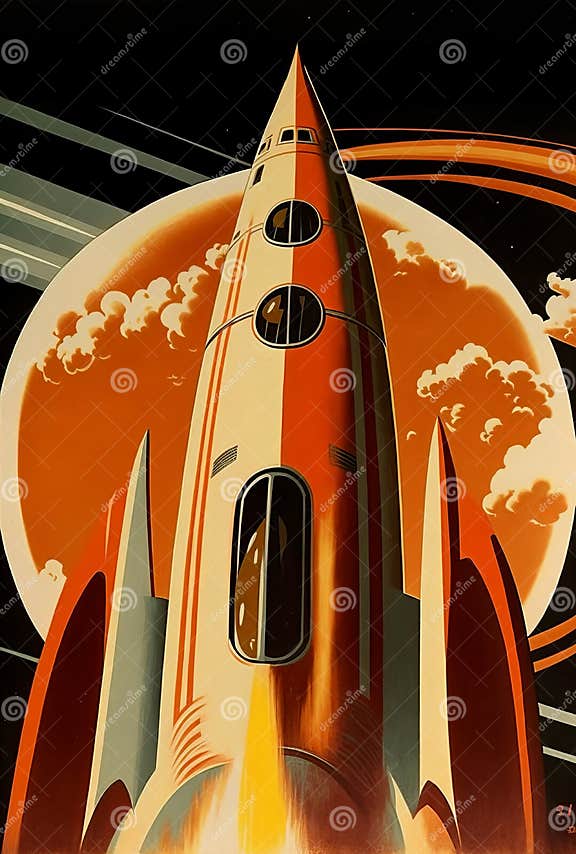 Space Rocket Blasting into Outer Space. Vintage Science Fiction Poster ...