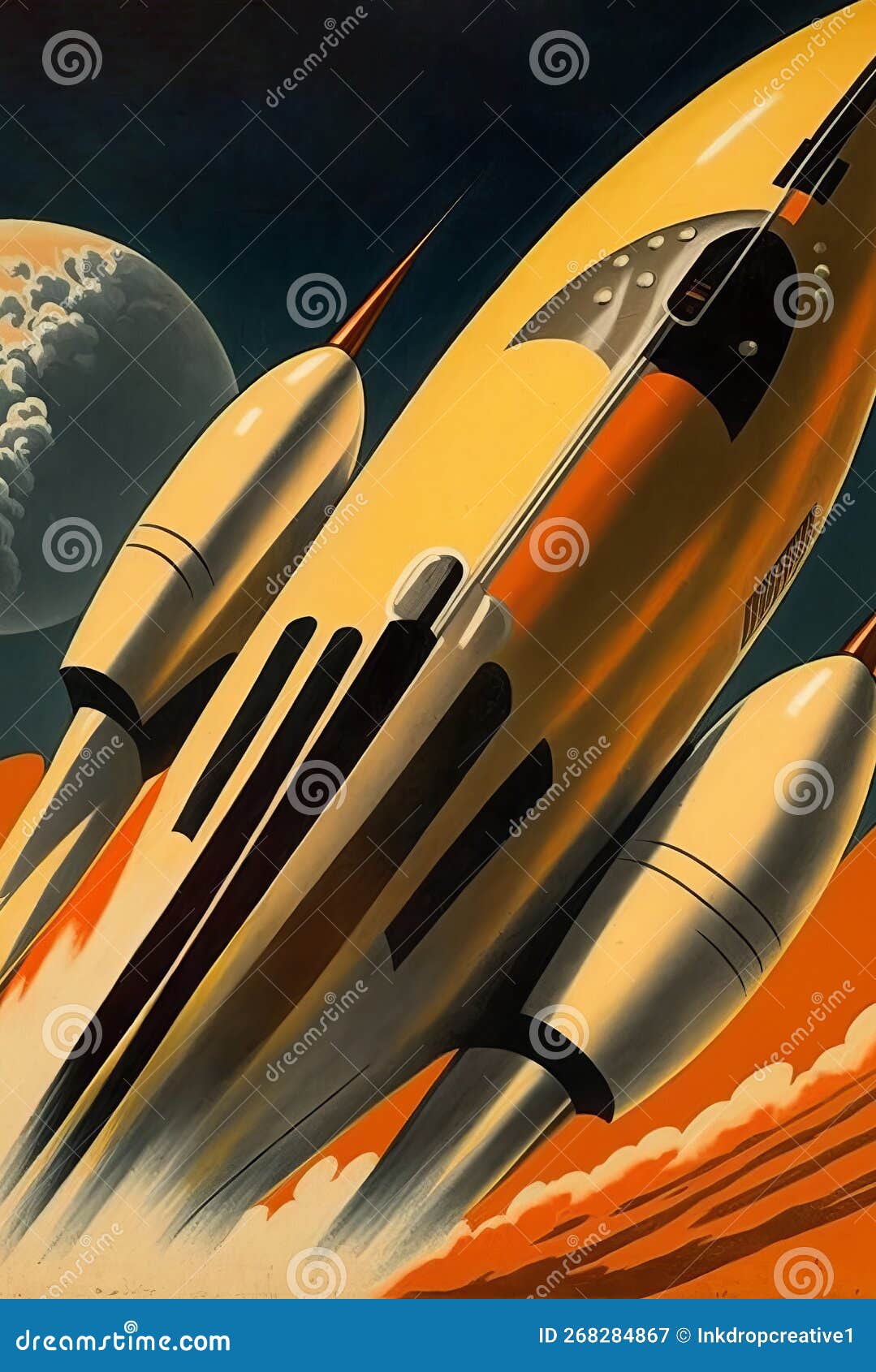 Space Rocket Blasting into Outer Space. Vintage Science Fiction Poster ...