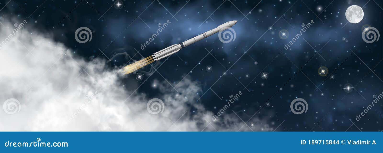 Space Rocket Flies at the Angle through the Universe. Realistic ...