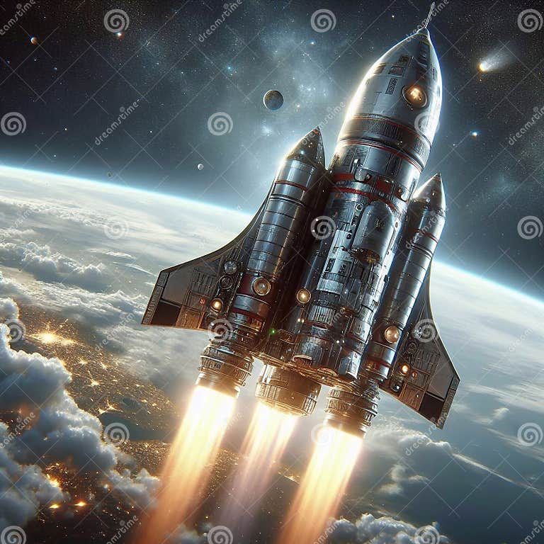 A Space Rocket Flies in Space. 3d Rendering. Generated AI Stock ...