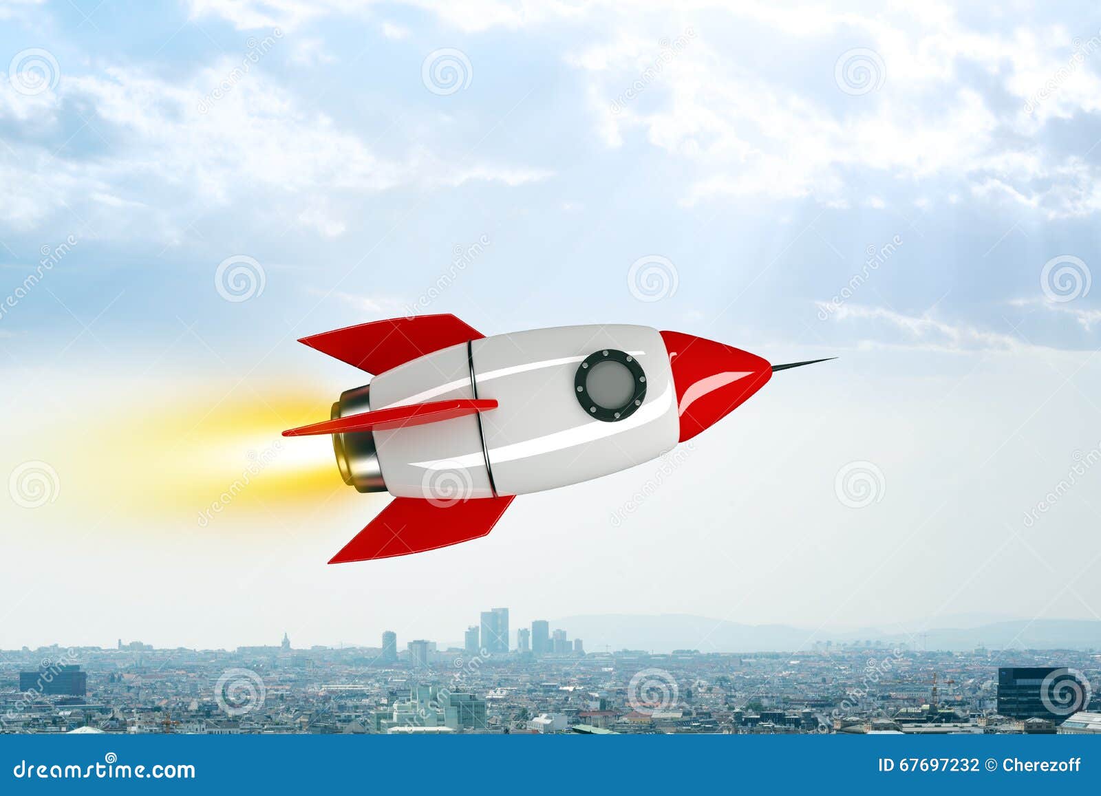 Space Rocket Flying Above City Stock Photo - Image of spaceship, future ...