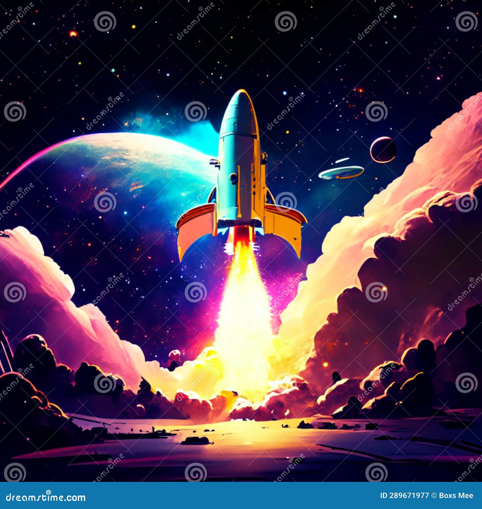Space Rocket Flying Over the Planet in Outer Space. 3d Illustration ...