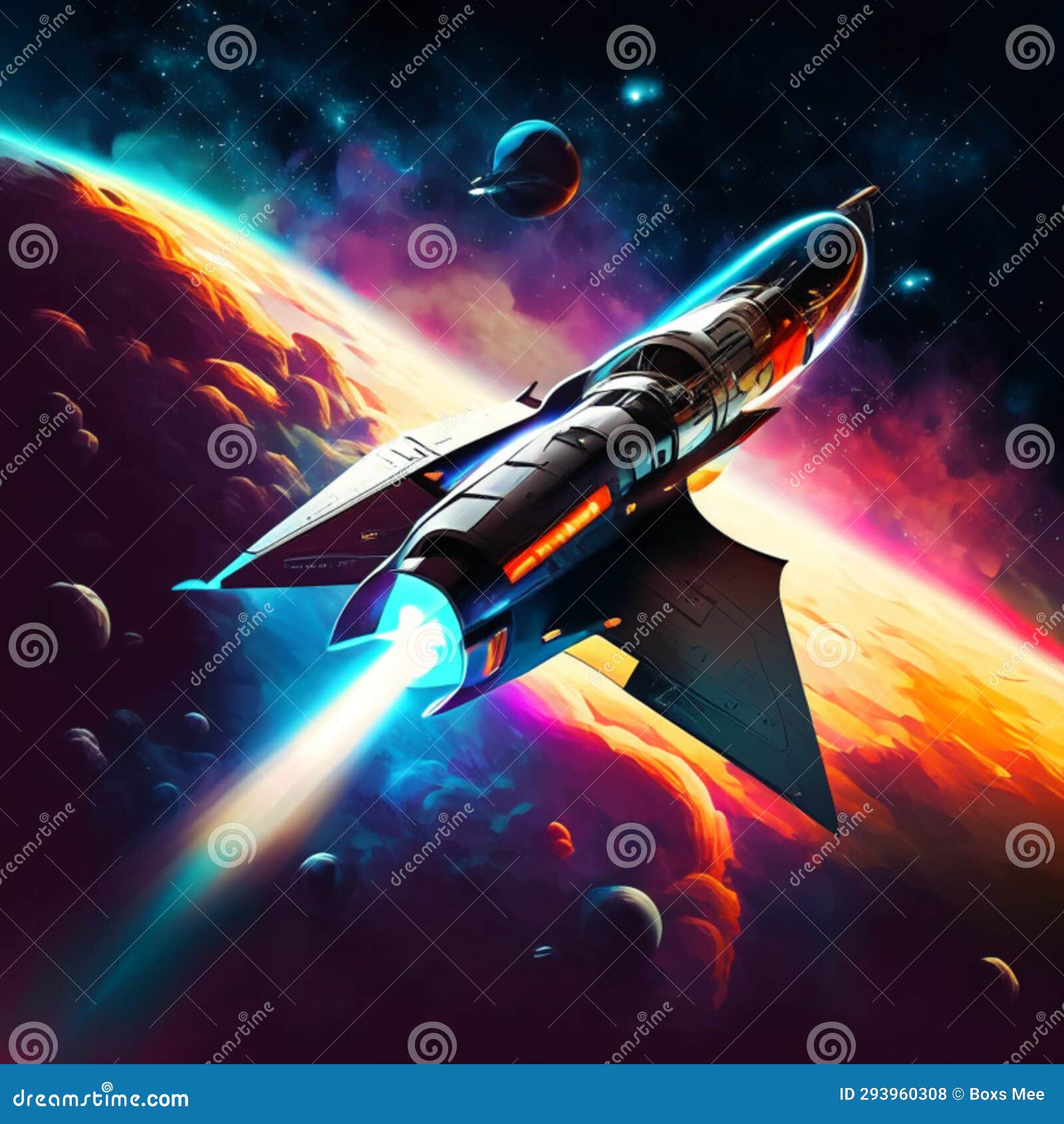 Space Rocket Flying in Space with Planets and Stars. 3D Rendering ...