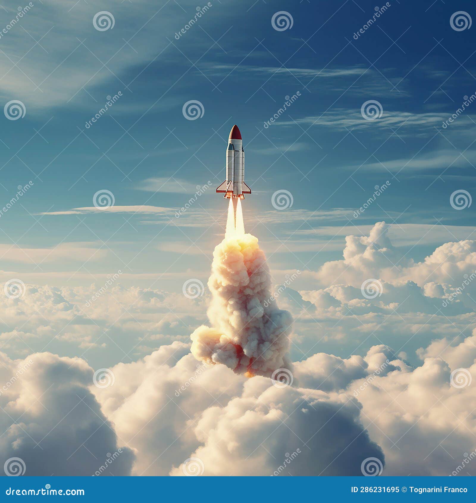 Space Rocket Flying Toward the Clouds Stock Image - Image of technology ...