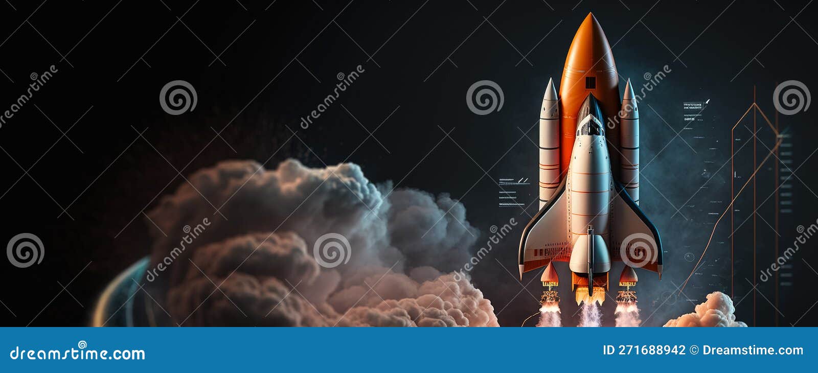 Space Rocket Launch, Background Graphs and Data, Banner with Copy Space ...