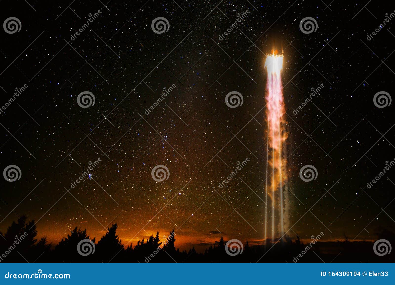 Rocket Launch With Fire Clouds. Battle Scene With Rocket Missiles With ...
