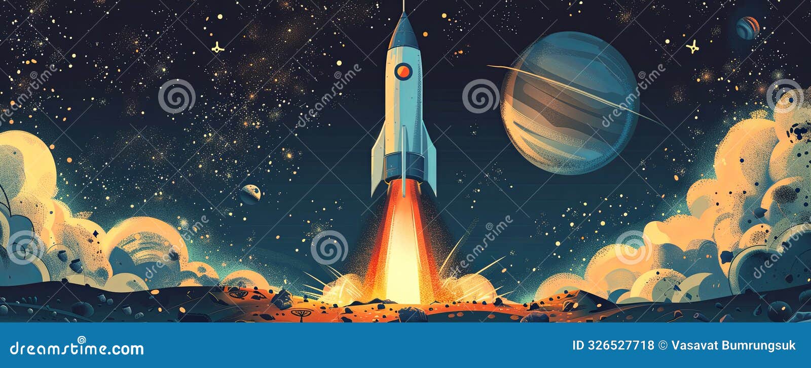 Space Rocket Launch, Flat Design, Top View, Outer Space Theme, Cartoon ...