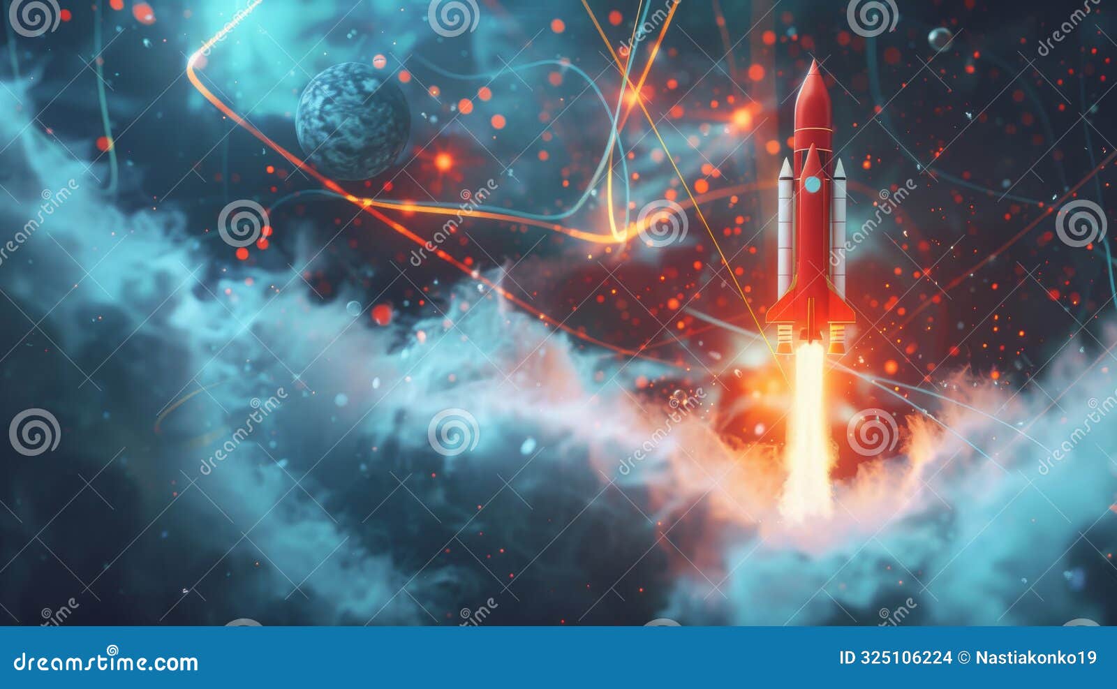 Space Rocket Launch in Outer Space with Planets and Nebulas, Futuristic ...