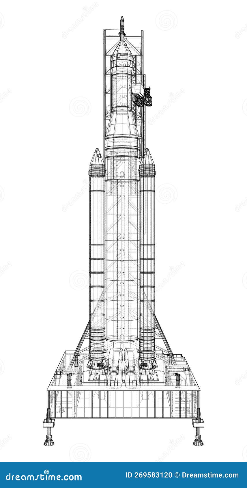 Space Rocket on launch pad stock illustration. Illustration of ...