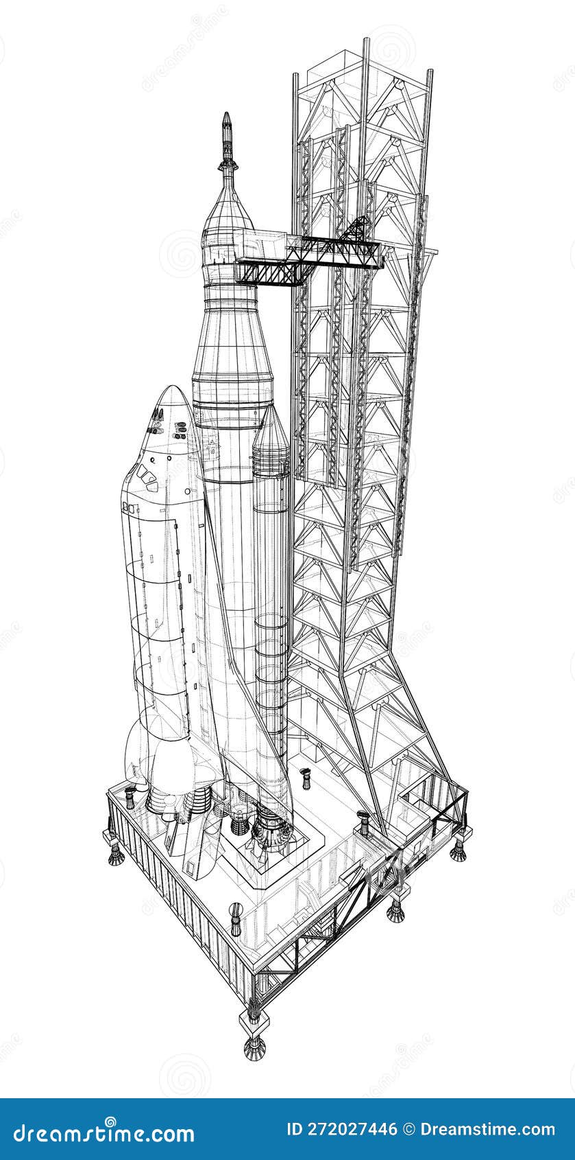 Space Rocket on launch pad stock illustration. Illustration of ...