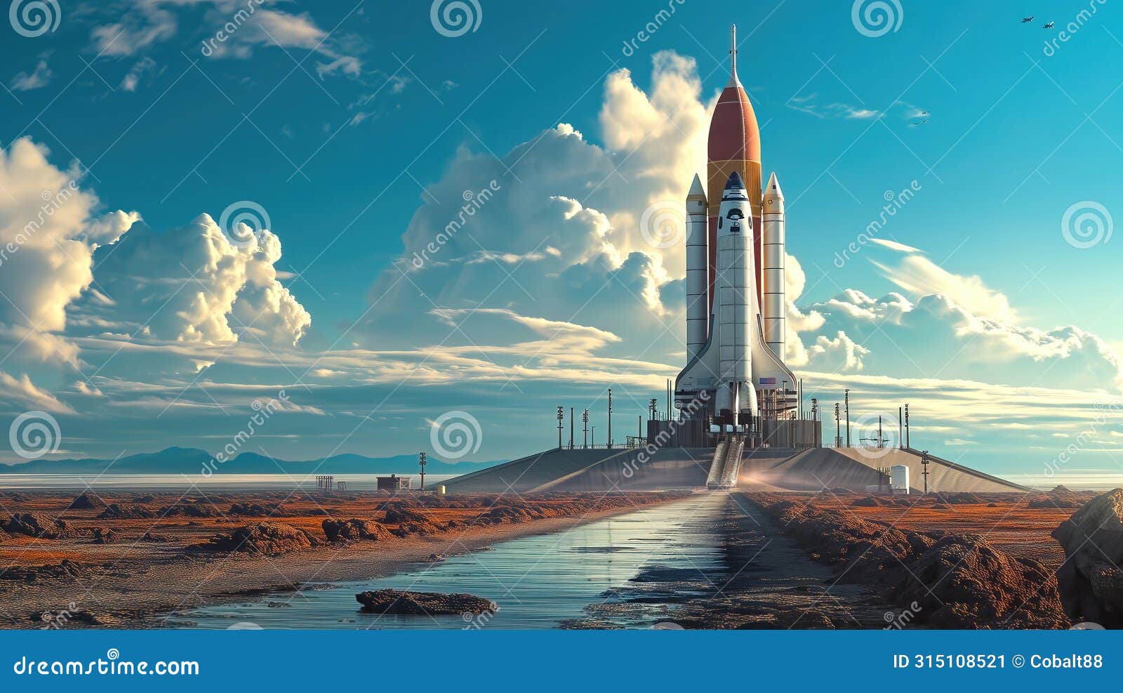Space Rocket on Launch Pad, Panoramic Shot of the Sky and the Setting ...