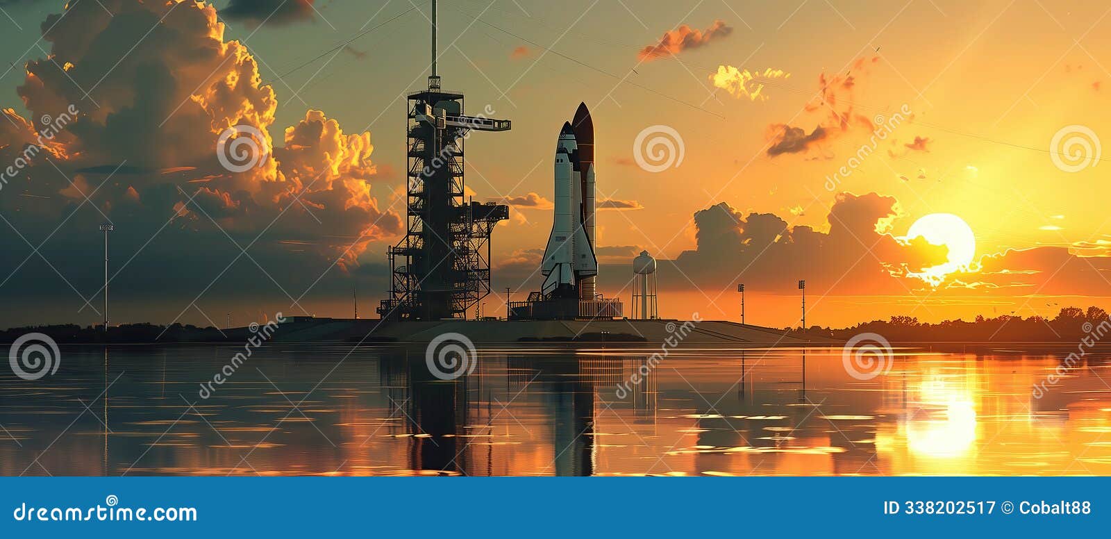 Space Rocket on Launch Pad, Panoramic Shot of the Sky and the Setting ...