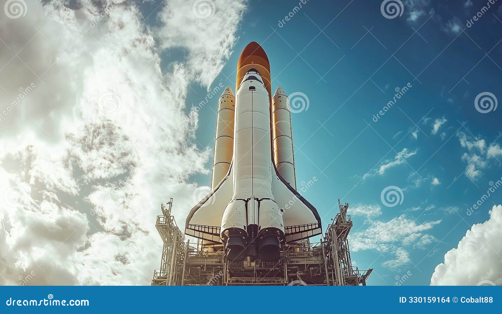 Space Rocket on Launch Pad, Panoramic Shot of the Sky and the Setting ...
