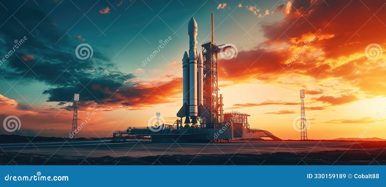 Space Rocket on Launch Pad, Panoramic Shot of the Sky and the Setting ...