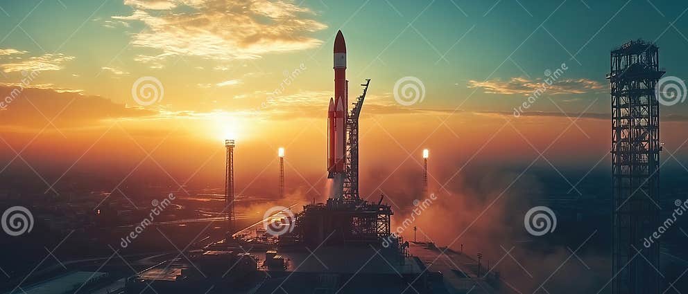 Space Rocket on Launch Pad, Panoramic Shot of the Sky and the Setting ...