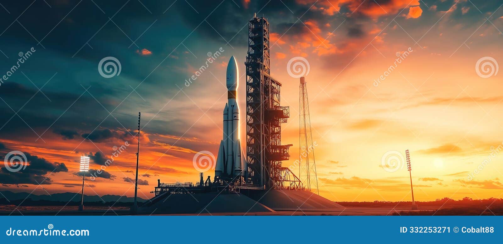 Space Rocket on Launch Pad, Panoramic Shot of the Sky and the Setting ...