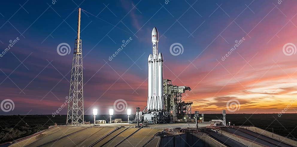 A Space Rocket on the Launch Pad, a Panoramic View of the Sky, and a Sunrise in the Background ...