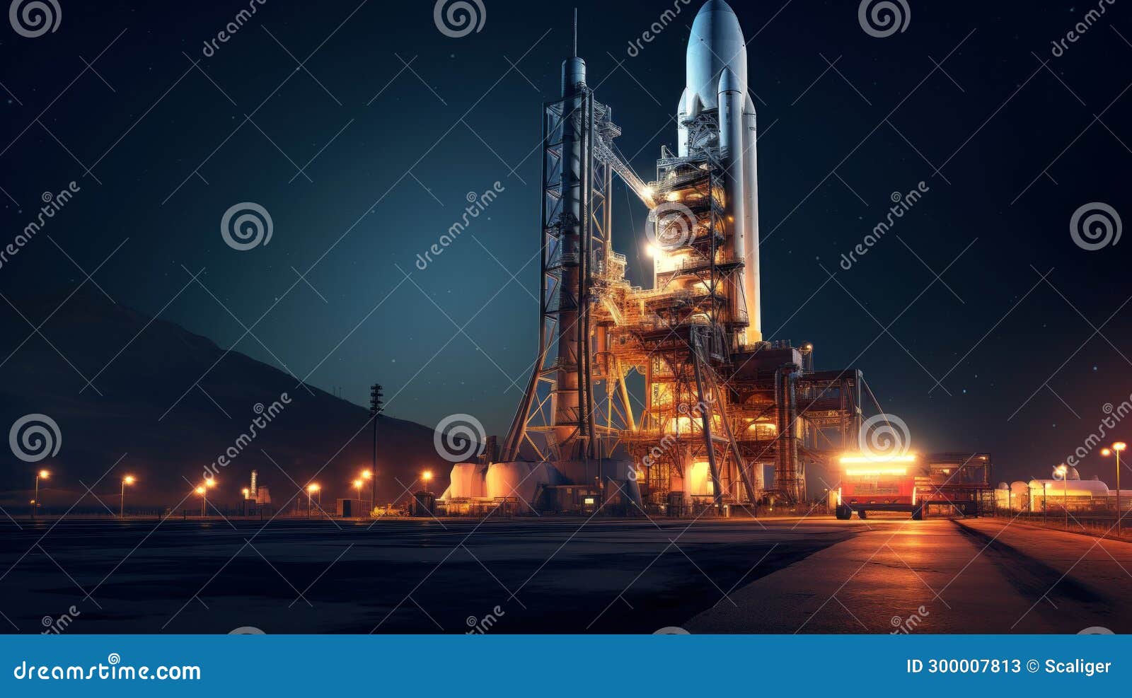 Space Rocket is on Launch Pad before Start at Night, Heavy Ship and ...