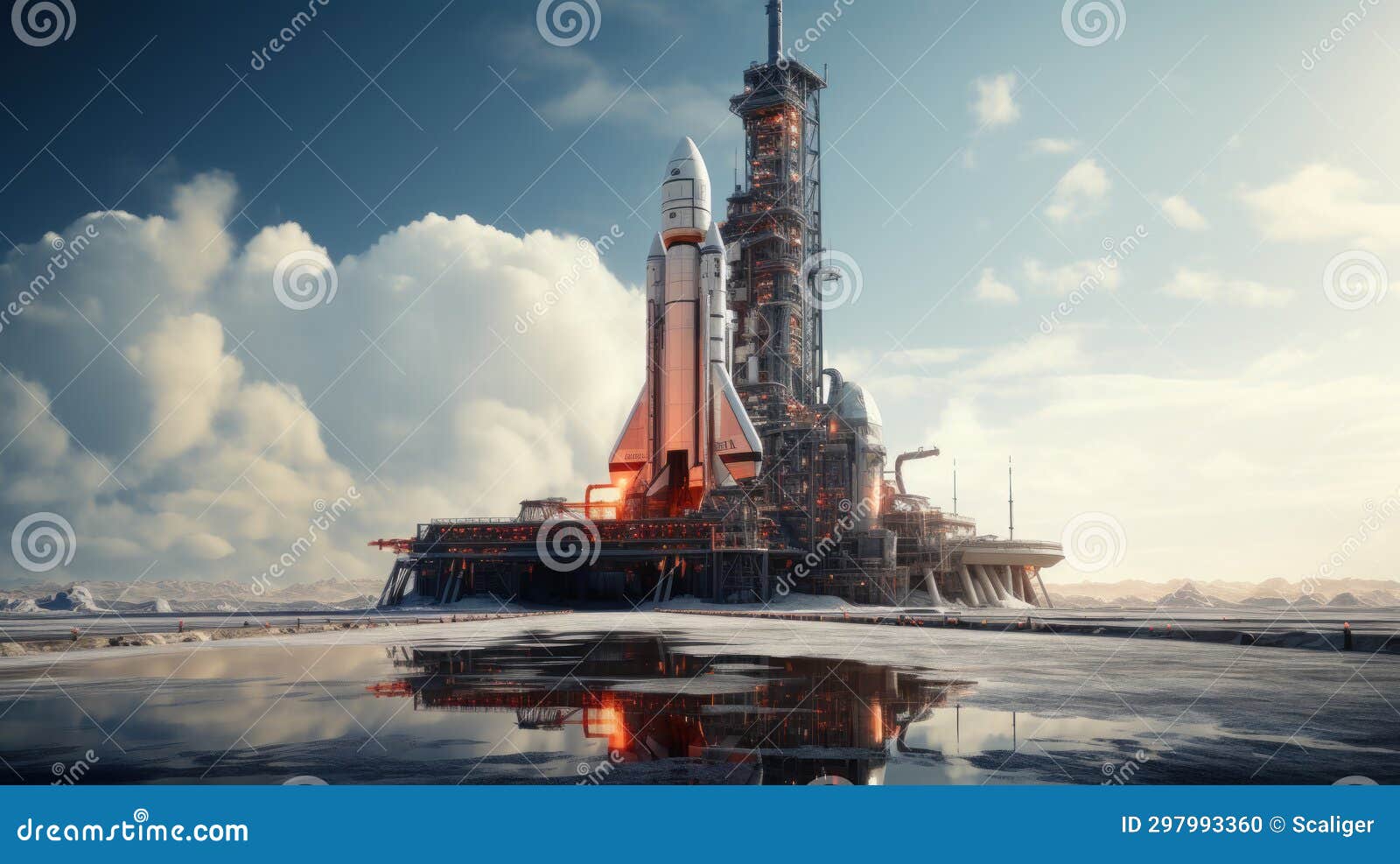 Space Rocket is on Launch Pad before Start, Spaceship on Blue Sky ...