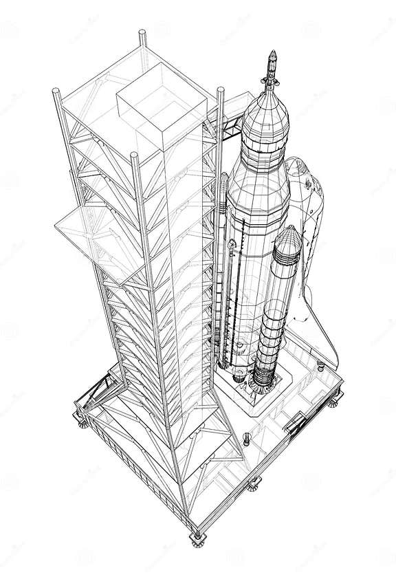 Space Rocket on Launch Pad. Vector Rendering of 3d Stock Vector ...