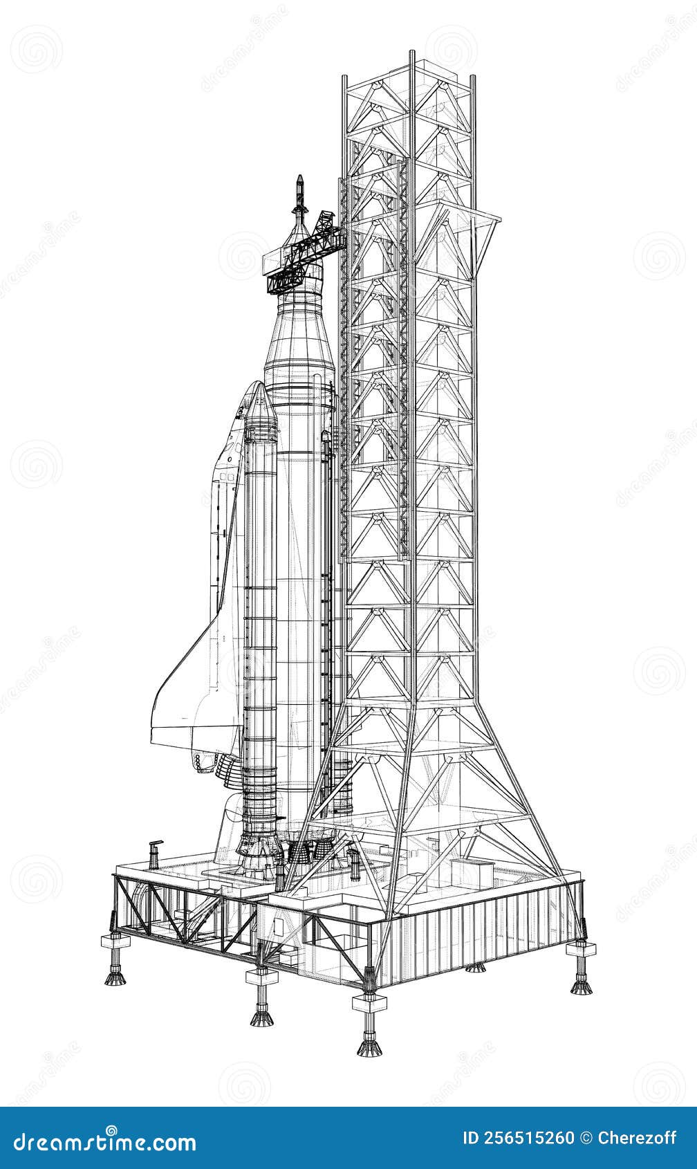 Space Rocket on Launch Pad. Vector Rendering of 3d Stock Vector ...