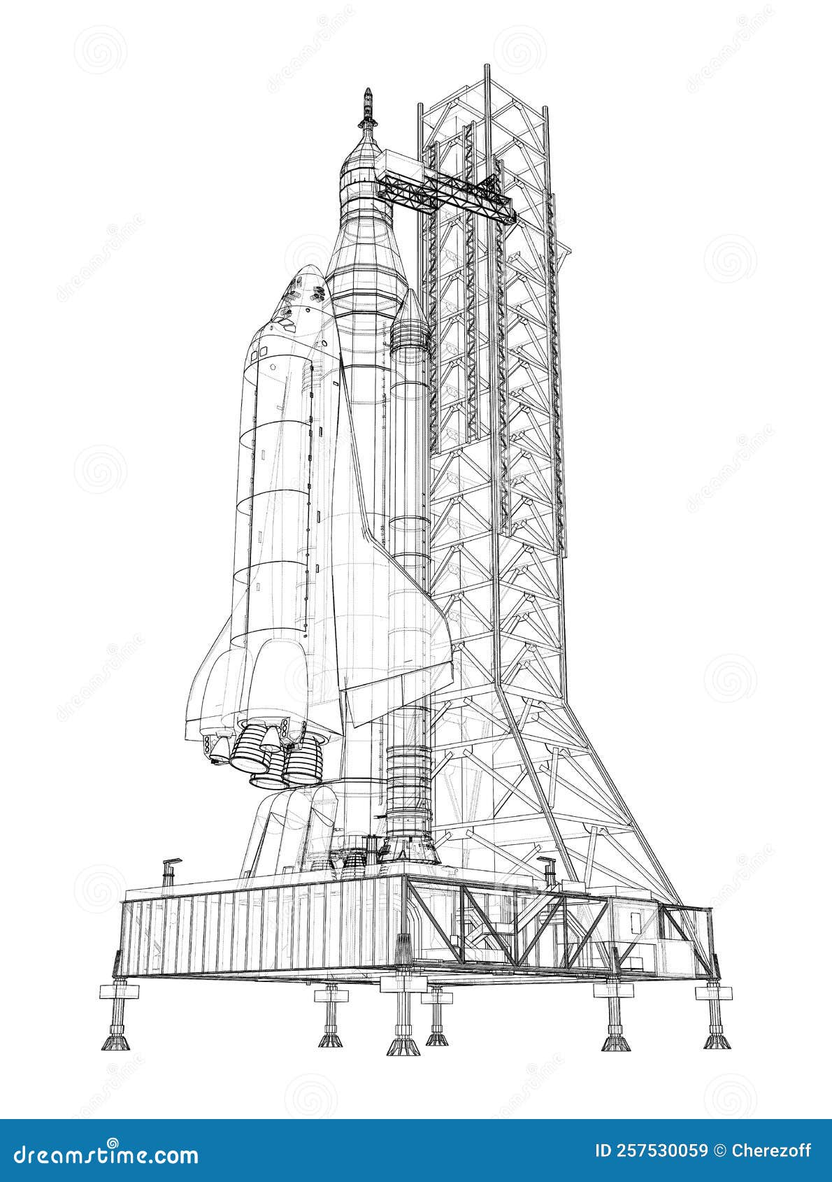Space Rocket on Launch Pad. Vector Rendering of 3d Stock Vector ...