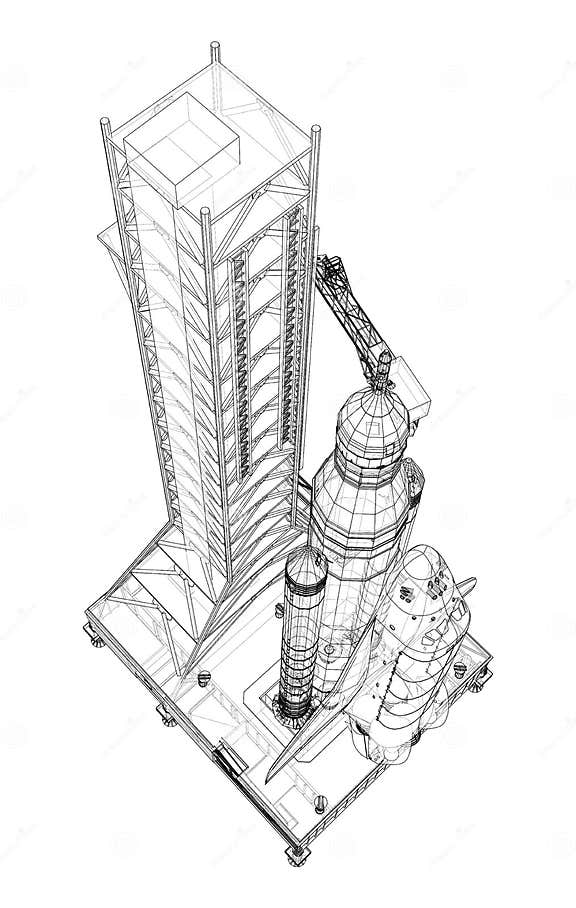 Space Rocket on Launch Pad. Vector Rendering of 3d Stock Vector ...