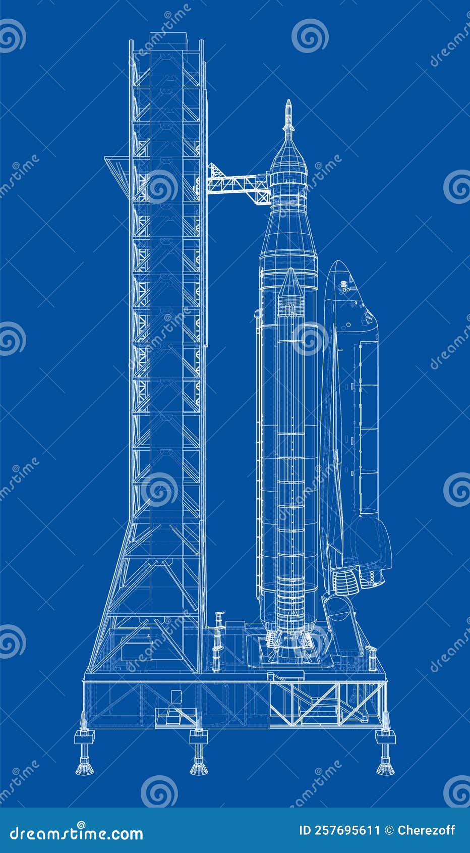 Space Rocket on Launch Pad. Vector Rendering of 3d Stock Illustration ...