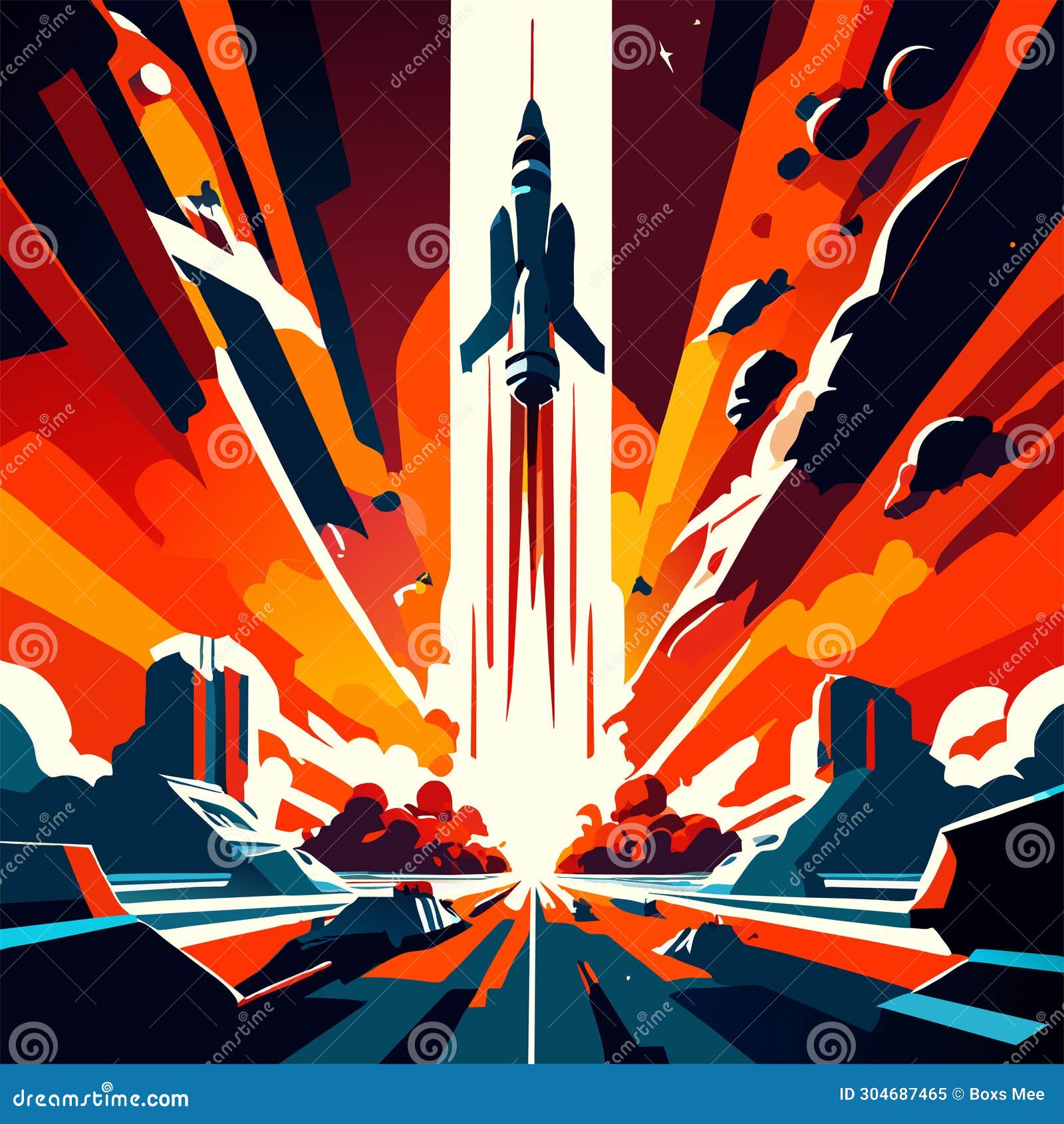Space Rocket Launch from the Spaceport. Vector Illustration in Flat ...