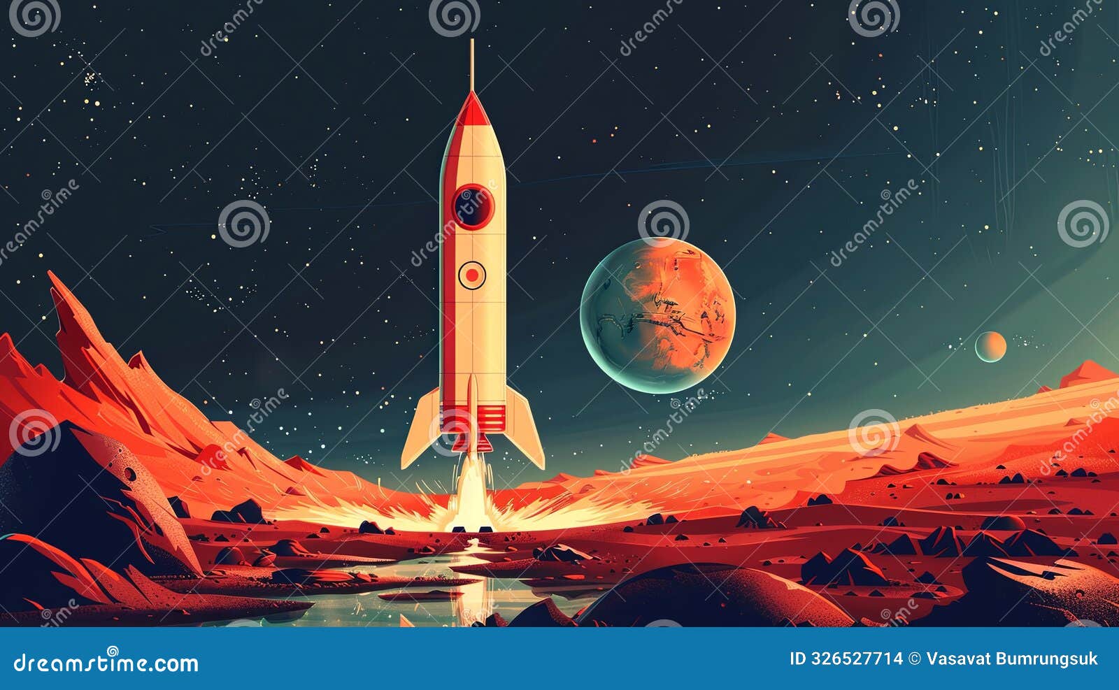 Space Rocket on Mars, Flat Design, Side View, Planetary Theme, Water ...