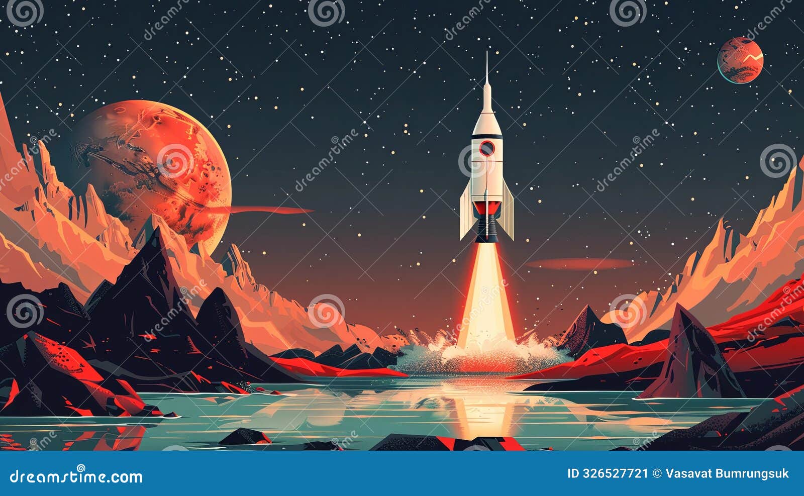 Space Rocket on Mars, Flat Design, Side View, Planetary Theme, Water ...