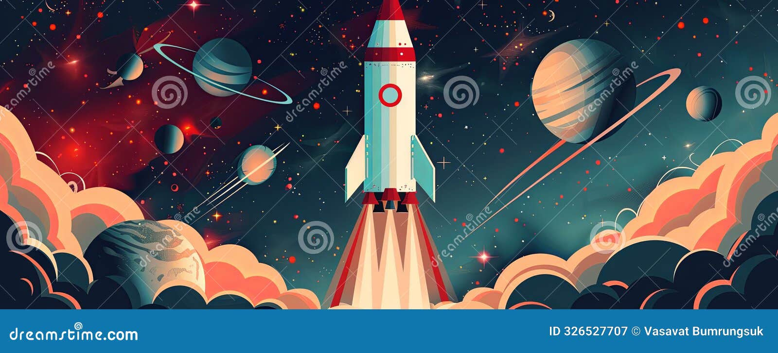 Space Rocket in Orbit, Flat Design, Front View, Galactic Theme ...