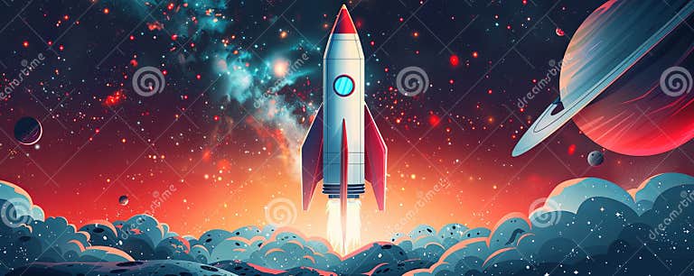 Space Rocket in Orbit, Flat Design, Front View, Galactic Theme ...