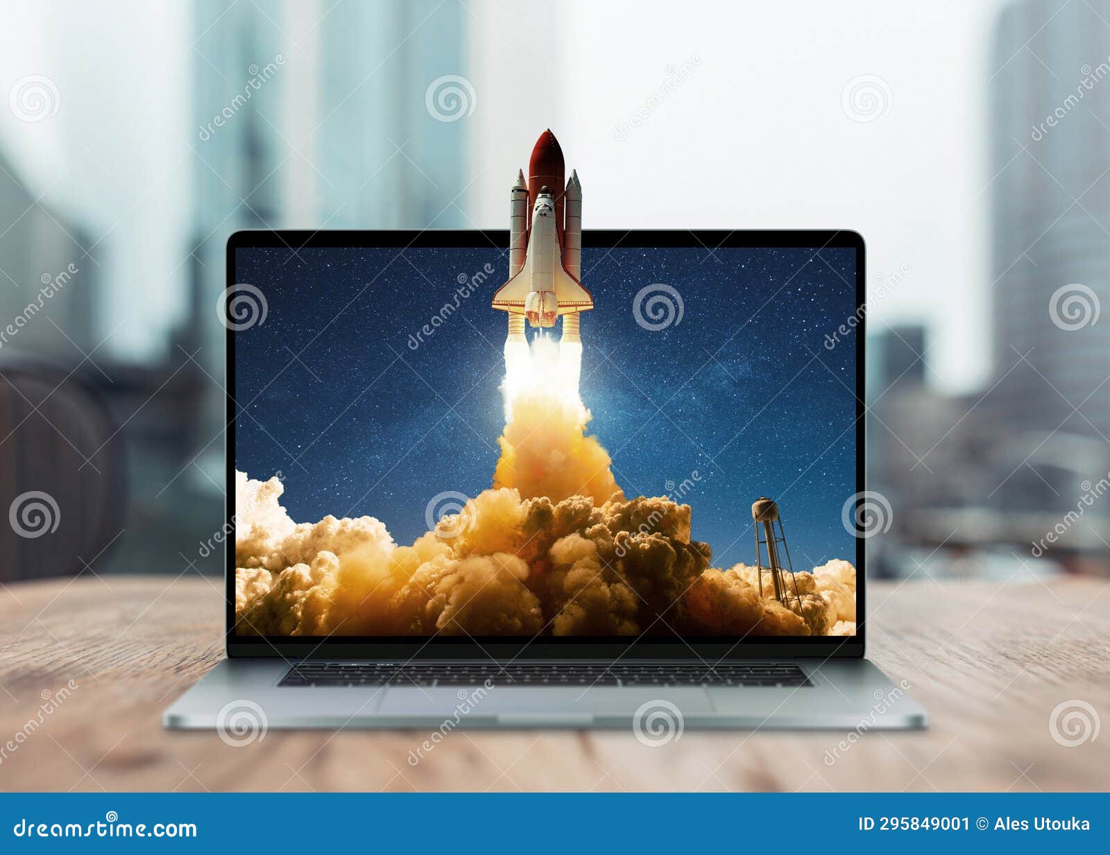 Space Rocket Shuttle with a Cloud of Smoke and Blast Takes Off from a ...