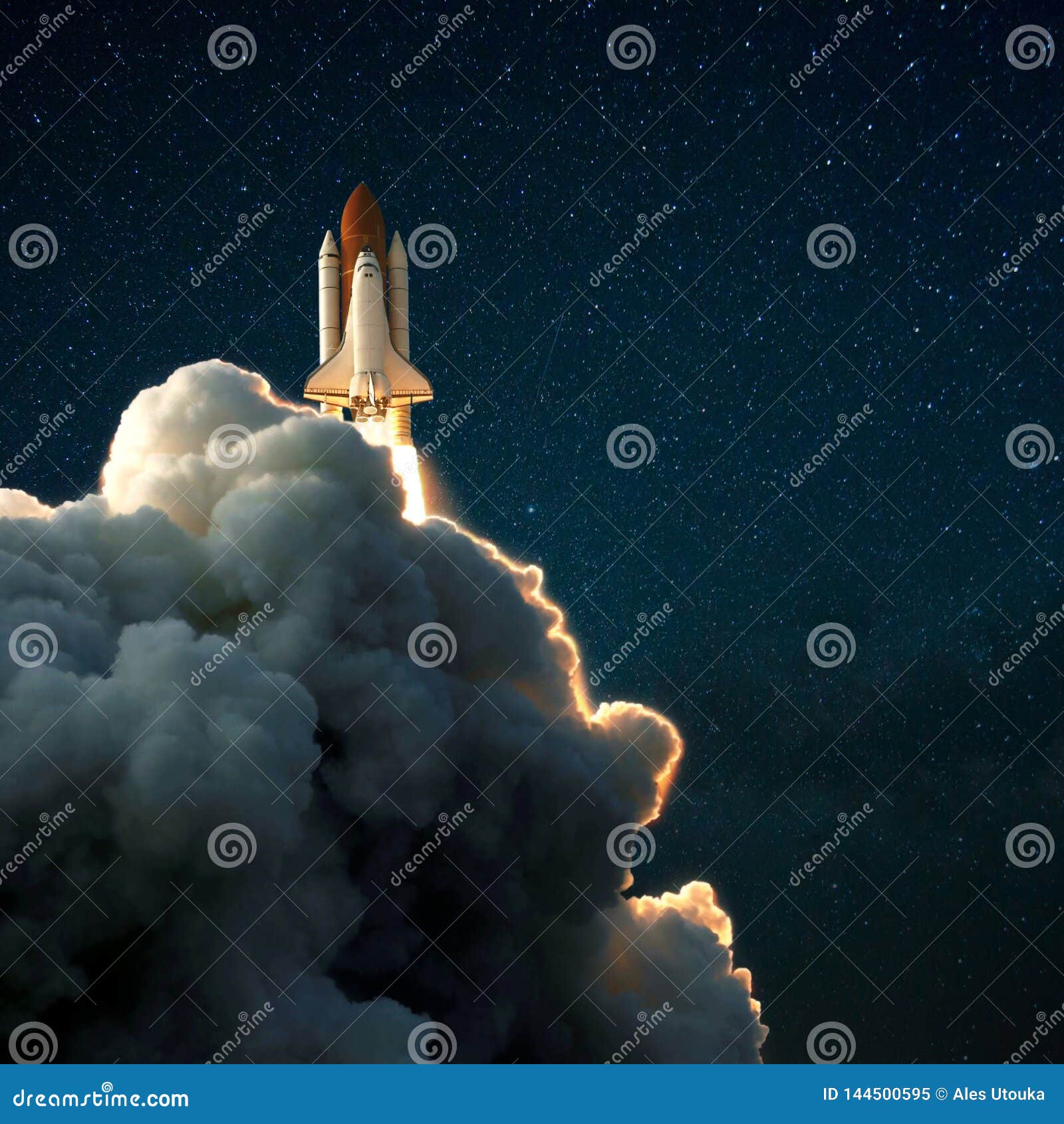 Space Rocket Shuttle Takes Off into the Starry Sky, Spaceship Explores ...