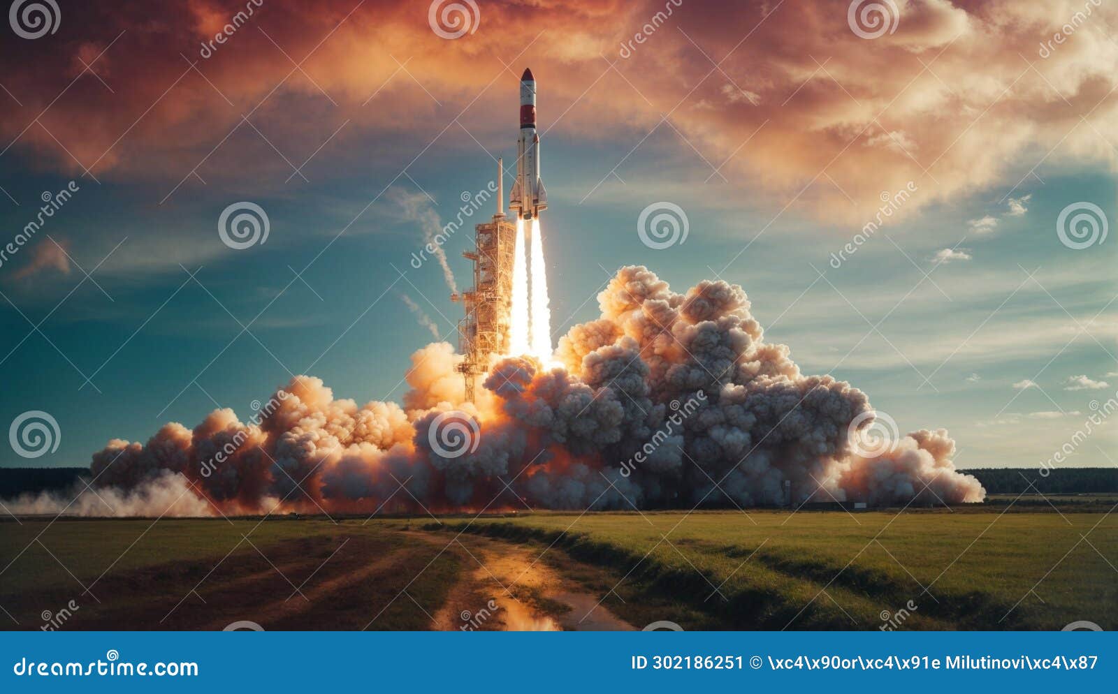 Space Rocket or Space Shuttle Take Off from Ramp. Space Exploration and ...