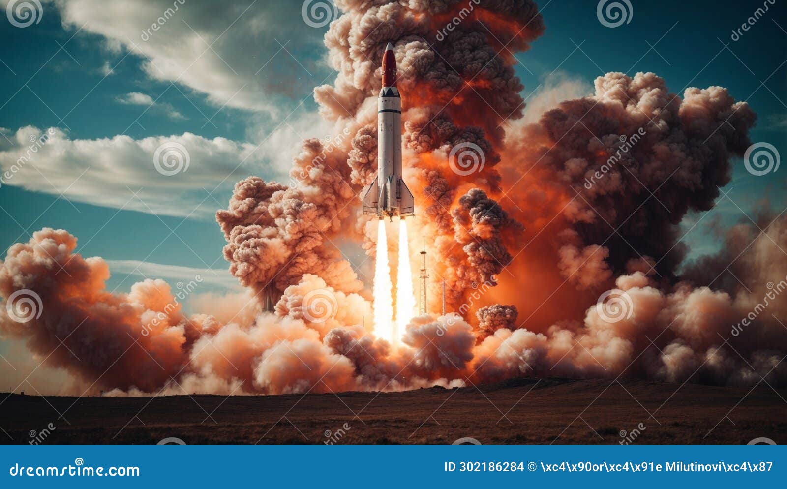 Space Rocket or Space Shuttle Take Off from Ramp. Space Exploration and ...