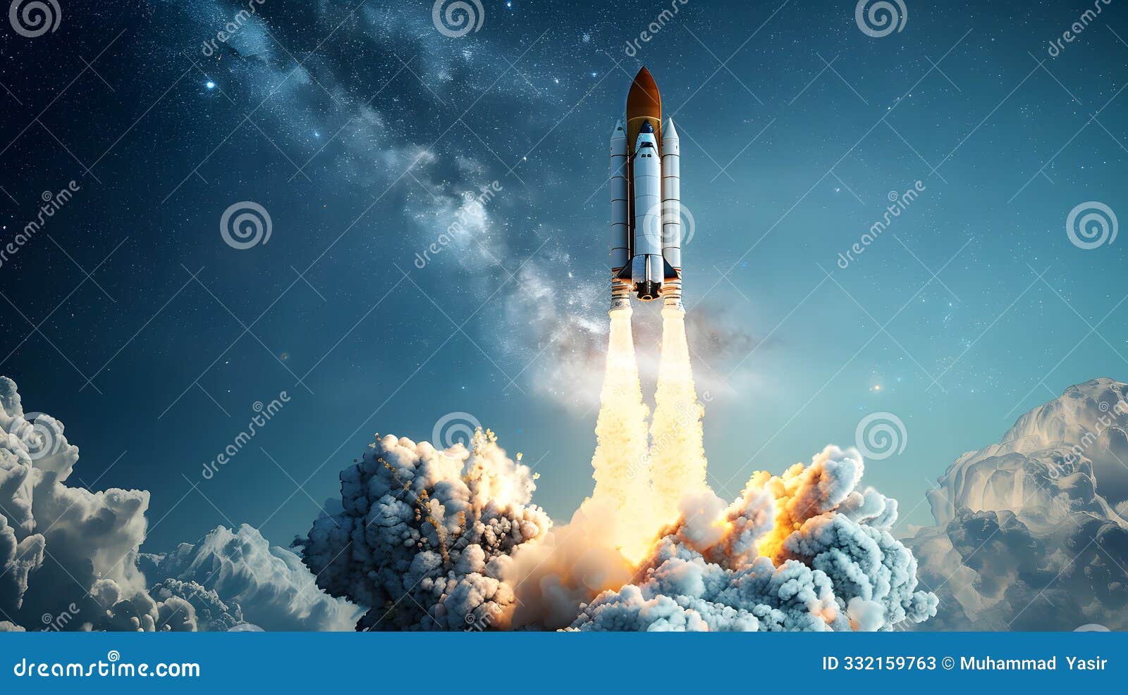 Space Rocket Starry Sky with Clouds of Smoke and Explosion Stock Image ...
