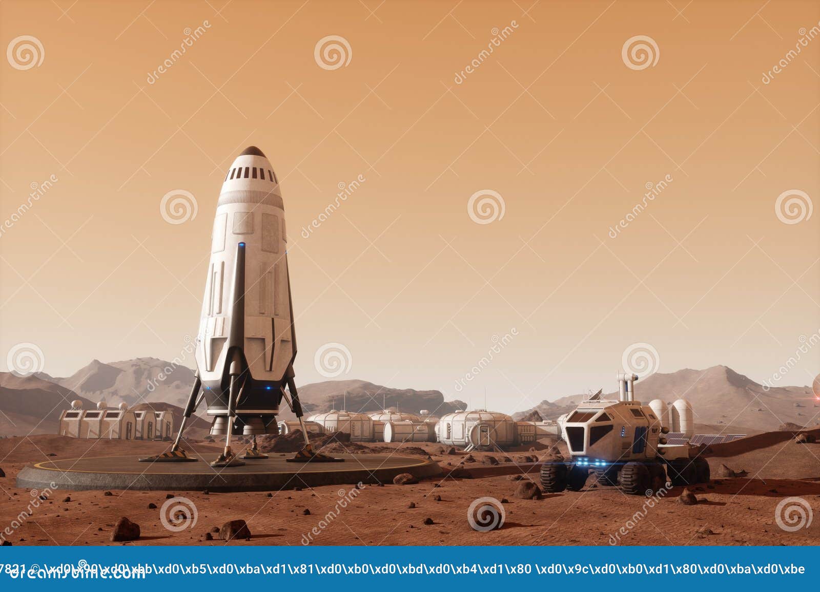 Space Rocket on the Surface of Mars. Colonization of Mars, Martian ...