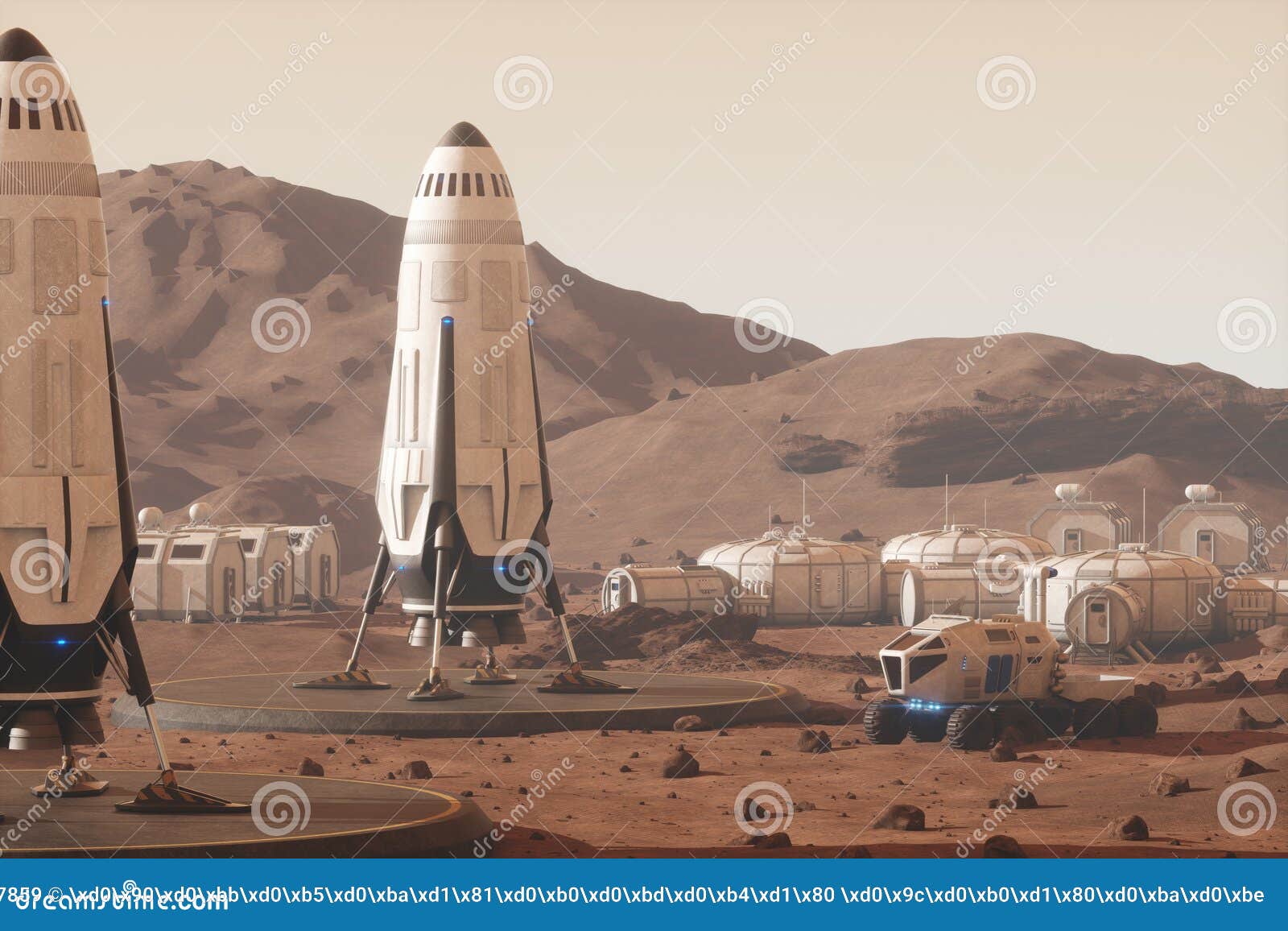 Space Rocket on the Surface of Mars. Colonization of Mars, Martian ...