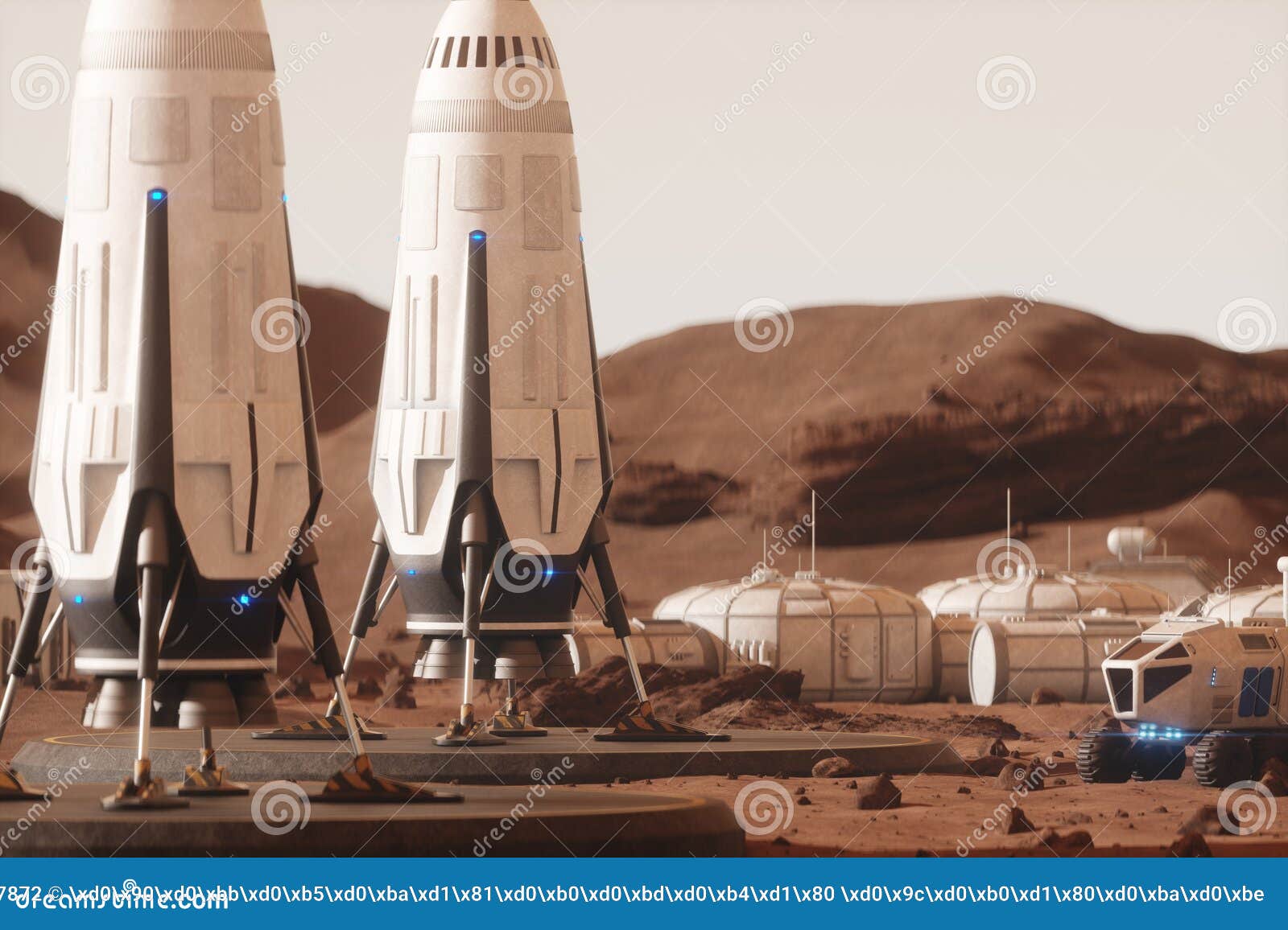 Space Rocket on the Surface of Mars. Colonization of Mars, Martian ...