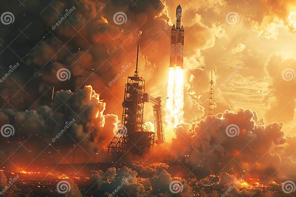 Space Rocket Takes Off From Cosmodrome In Fire Smoke Launch Of