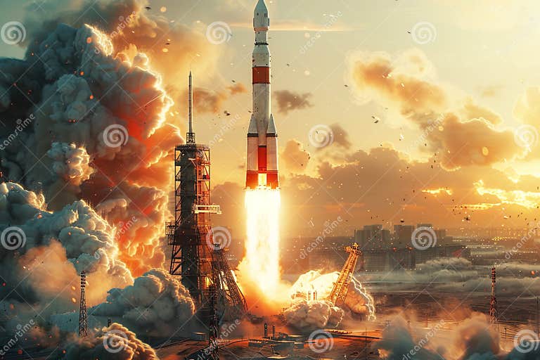 Space Rocket Takes Off From Cosmodrome In Fire Smoke Launch Of