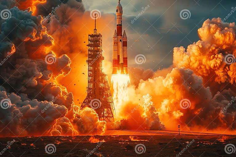 Space Rocket Takes Off From Cosmodrome In Fire Smoke Launch Of