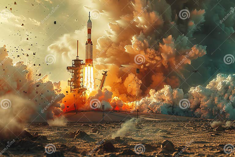 Space Rocket Takes Off From Cosmodrome In Fire Smoke Launch Of
